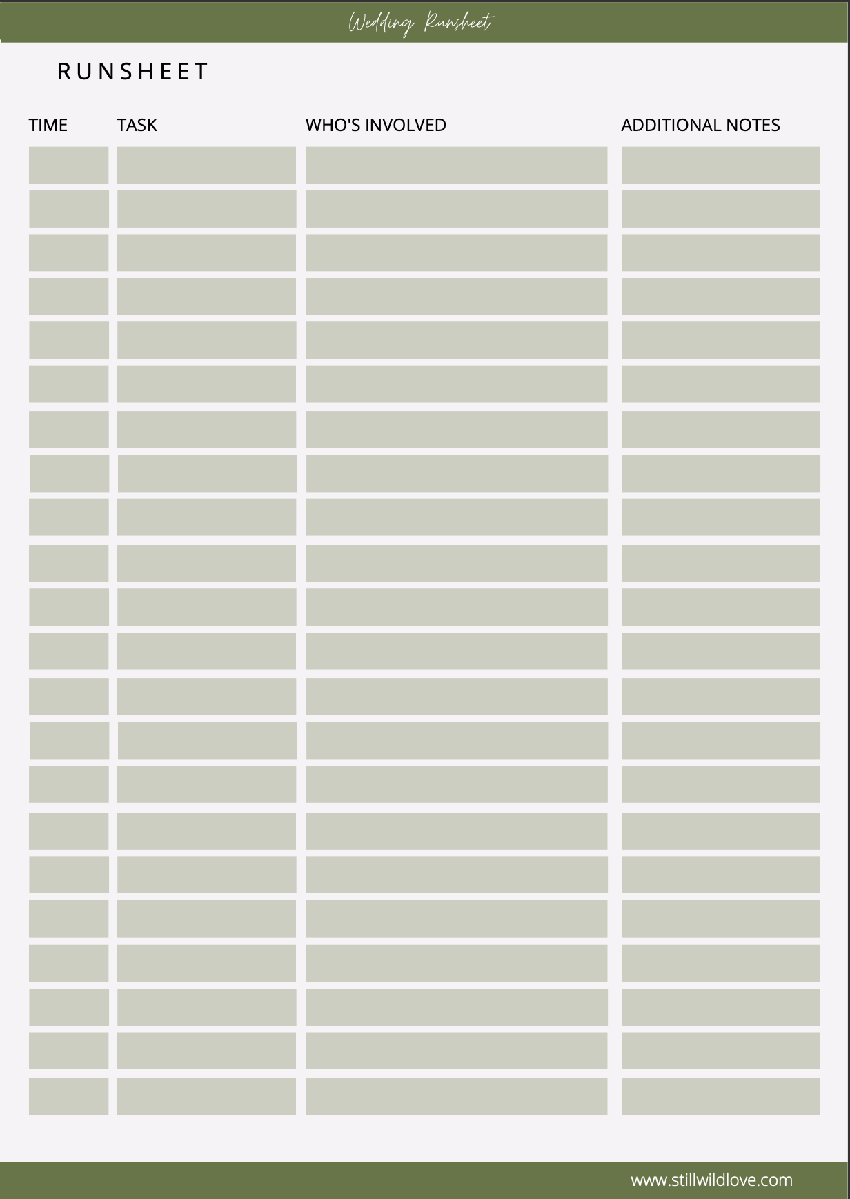 Wedding Runsheet - Still Wild Love